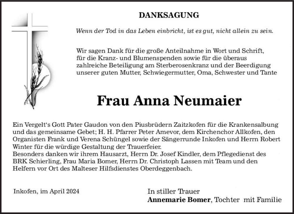 Traueranzeigen von Anna Neumaier | Mittelbayerische Trauer
