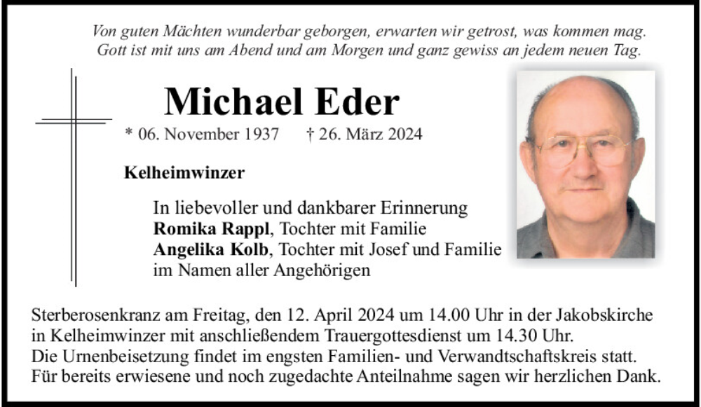 Traueranzeigen von Michael Eder | Mittelbayerische Trauer