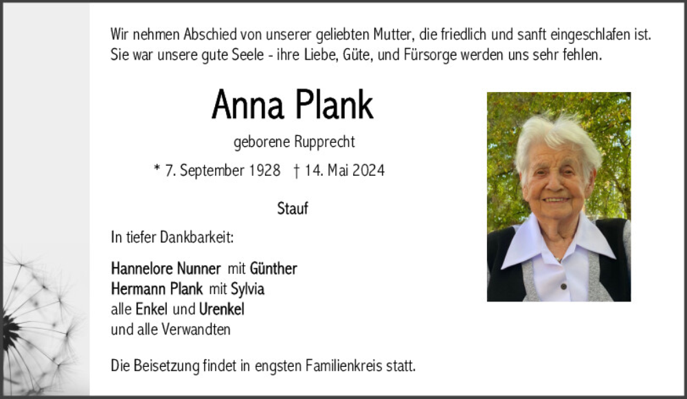 Traueranzeigen von Anna Plank | Mittelbayerische Trauer