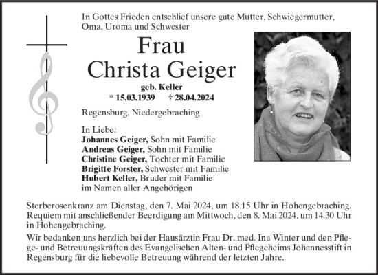 Traueranzeigen von Christa Geiger | Mittelbayerische Trauer