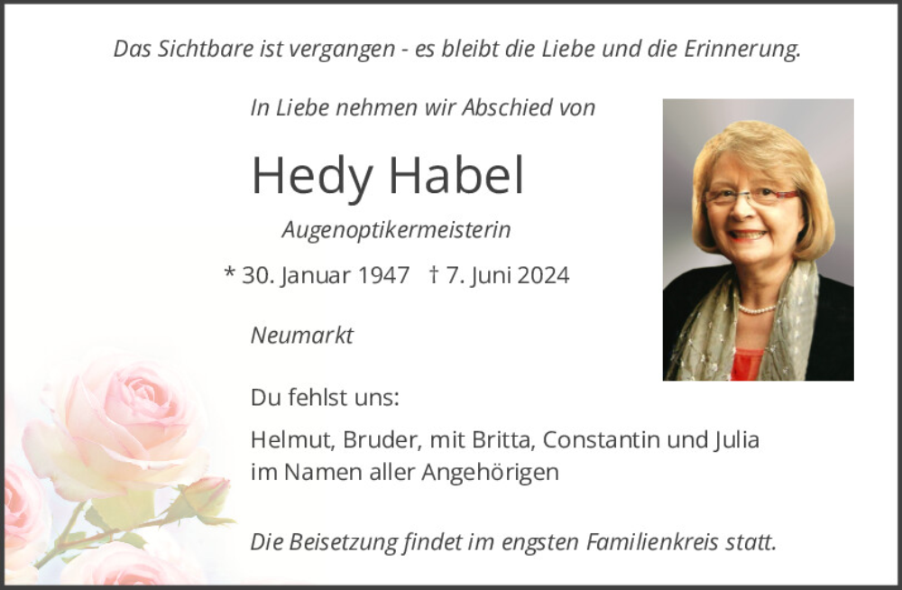 Traueranzeigen von Hedy Habel | Mittelbayerische Trauer