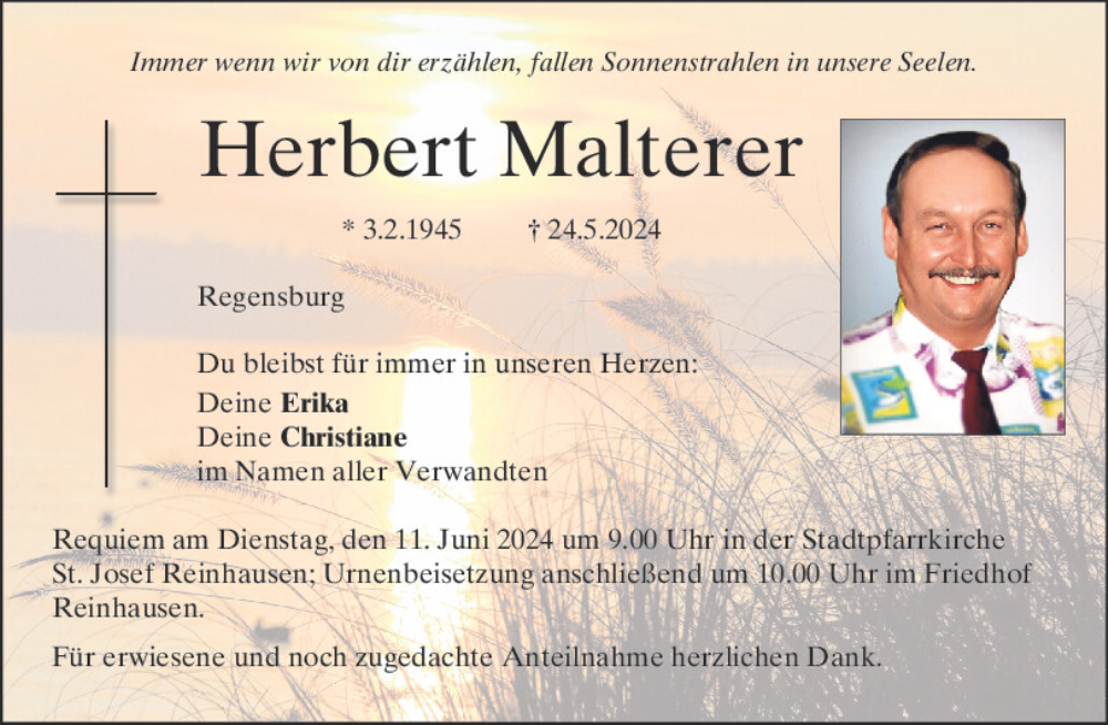 Traueranzeigen von Herbert Malterer | Mittelbayerische Trauer