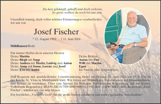 Traueranzeigen von Josef Fischer | Mittelbayerische Trauer