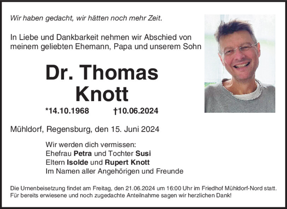 Traueranzeigen von Thomas Knott | Mittelbayerische Trauer