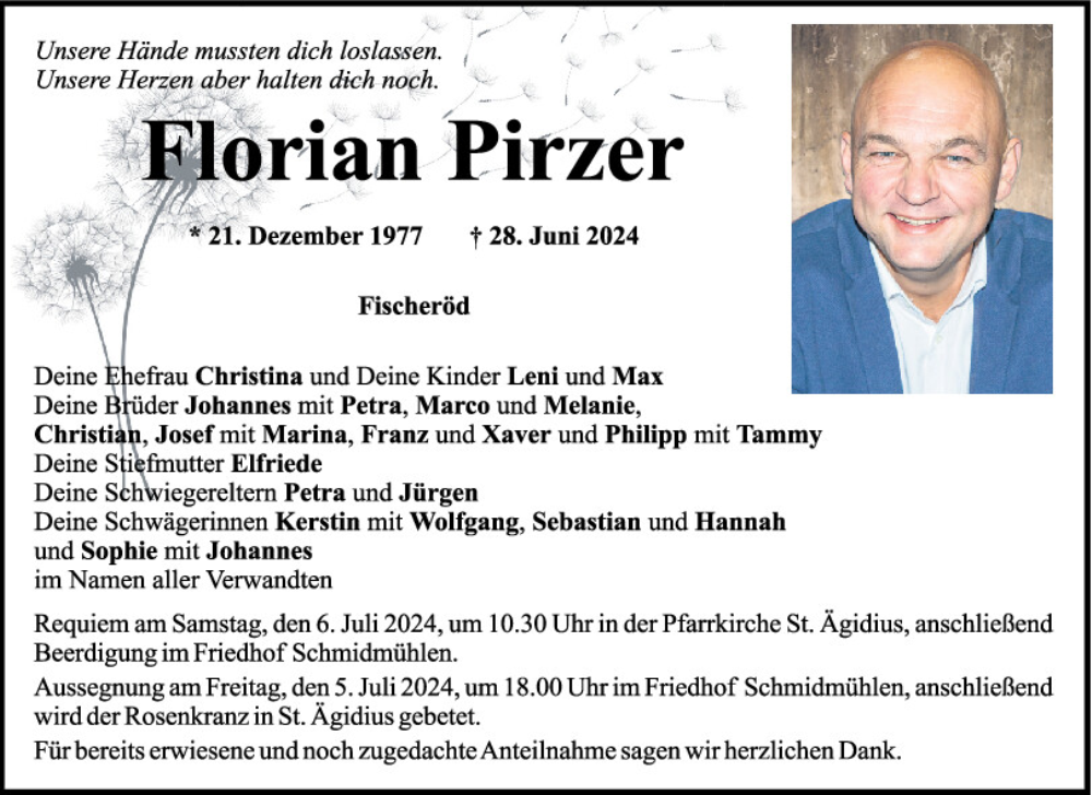 Traueranzeigen von Florian Pirzer | Mittelbayerische Trauer