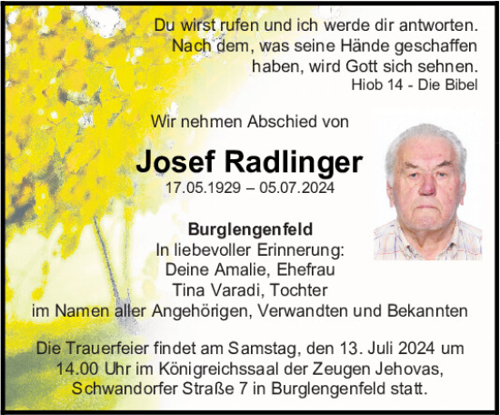 Traueranzeigen von Josef Radlinger | Mittelbayerische Trauer