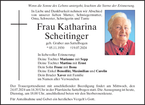 Traueranzeigen von Katharina Scheitinger | Mittelbayerische Trauer