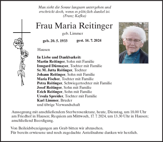 Traueranzeigen von Maria Reitinger | Mittelbayerische Trauer