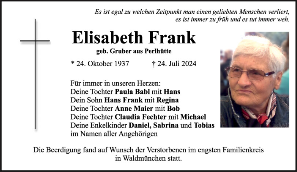 Traueranzeigen von Elisabeth Frank | Mittelbayerische Trauer