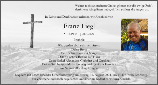 Traueranzeigen von Franz Liegl | Mittelbayerische Trauer