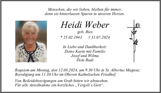 Traueranzeigen von Heidi Weber | Mittelbayerische Trauer