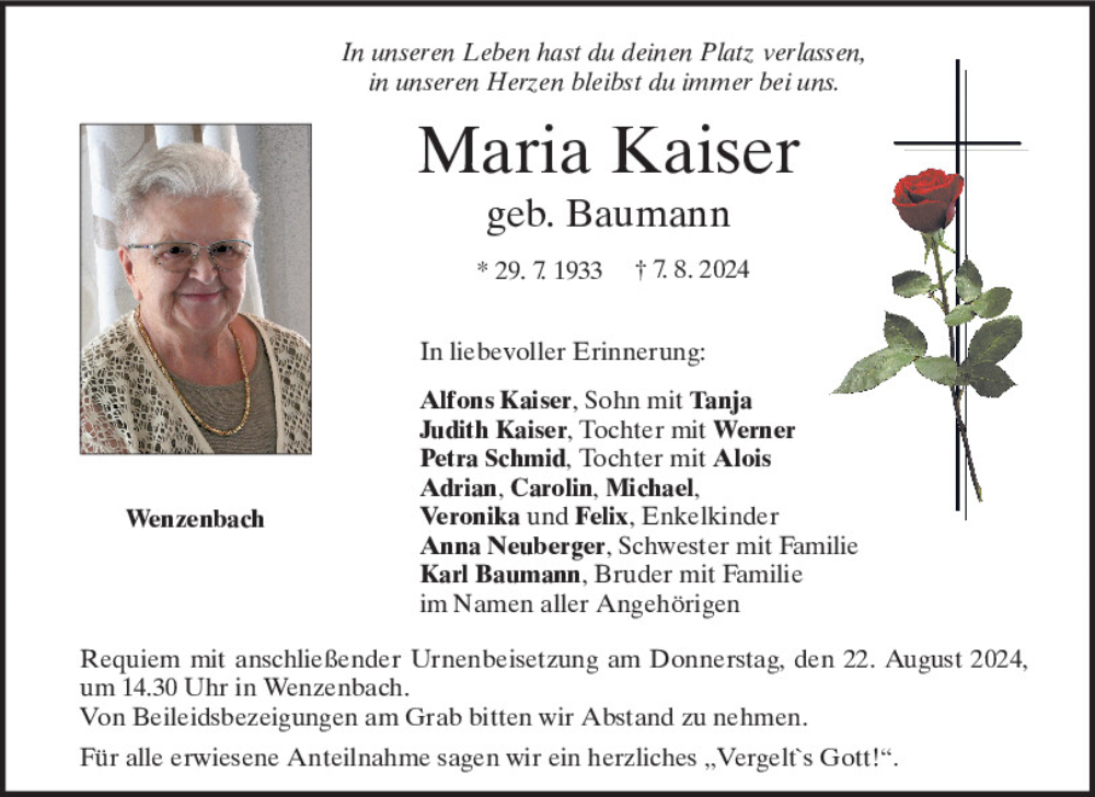 Traueranzeigen von Maria Kaiser | Mittelbayerische Trauer