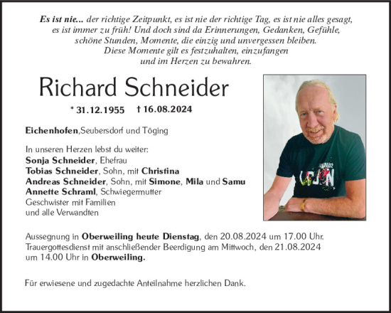 Traueranzeigen von Richard Schneider | Mittelbayerische Trauer