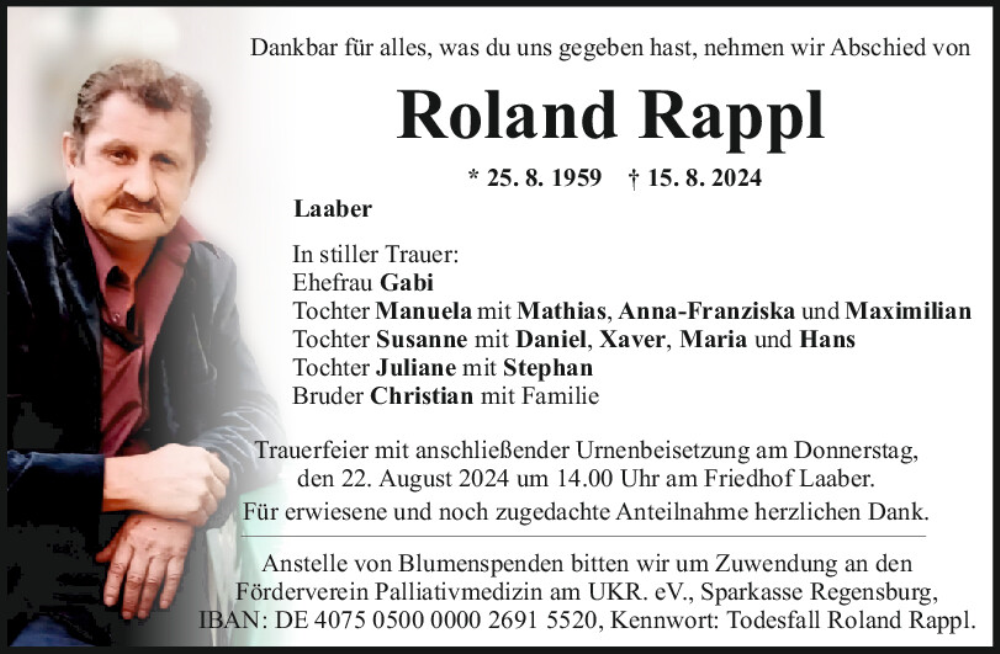 Traueranzeigen von Roland Rappl | Mittelbayerische Trauer