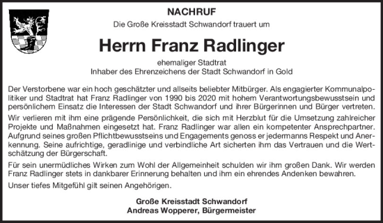 Traueranzeigen von Franz Radlinger | Mittelbayerische Trauer