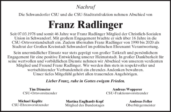 Traueranzeigen von Franz Radlinger | Mittelbayerische Trauer