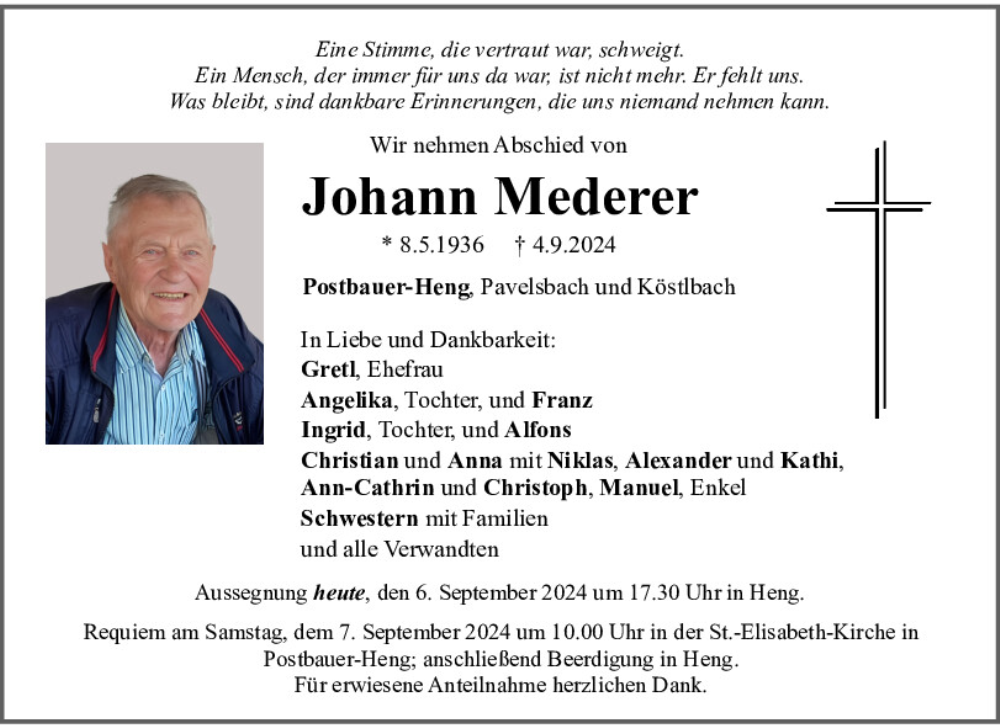 Traueranzeigen von Johann Mederer | Mittelbayerische Trauer