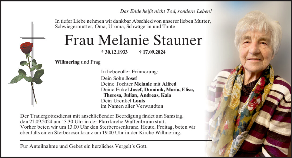 Traueranzeigen von Melanie Stauner | Mittelbayerische Trauer