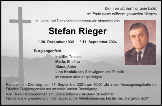 Traueranzeigen von Stefan Rieger | Mittelbayerische Trauer