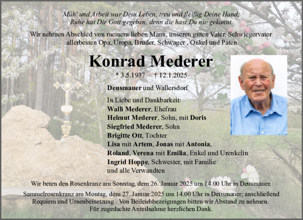 Traueranzeigen von Konrad Mederer | Mittelbayerische Trauer