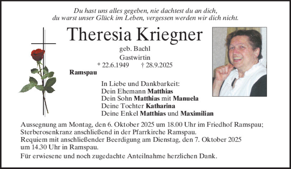 Traueranzeigen von Theresia Kriegner | Mittelbayerische Trauer