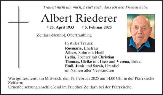 Traueranzeigen von Albert Riederer | Mittelbayerische Trauer