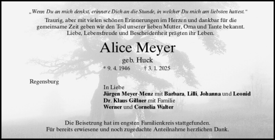 Traueranzeigen von Alice Meyer | Mittelbayerische Trauer
