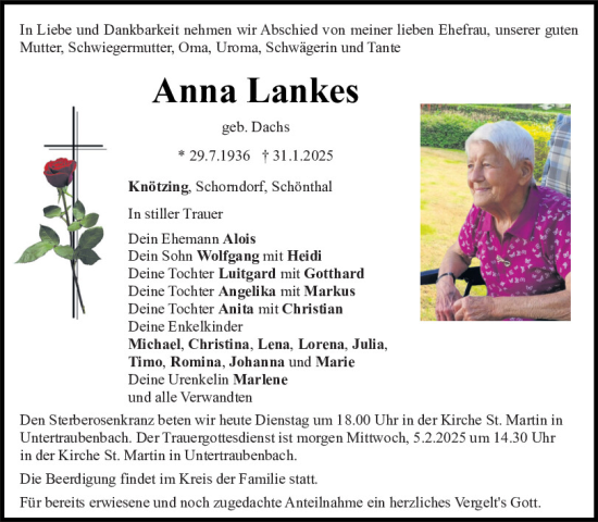 Traueranzeigen von Anna Lankes | Mittelbayerische Trauer