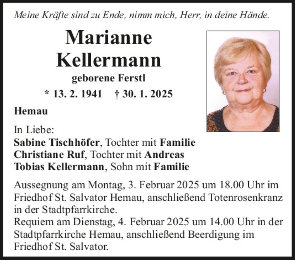 Traueranzeigen von Marianne Kellermann | Mittelbayerische Trauer
