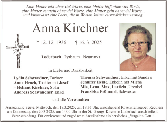 Traueranzeigen von Anna Kirchner | Mittelbayerische Trauer