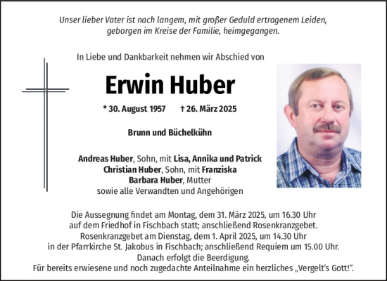 Traueranzeigen von Erwin Huber | Mittelbayerische Trauer