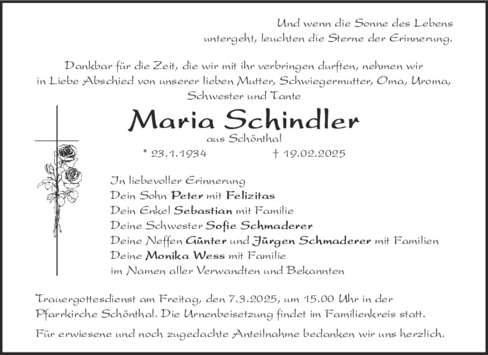 Traueranzeigen von Maria Schindler | Mittelbayerische Trauer