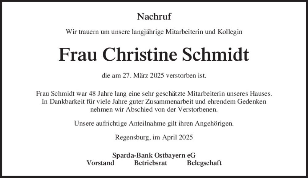 Traueranzeigen von Christine Schmidt | Mittelbayerische Trauer