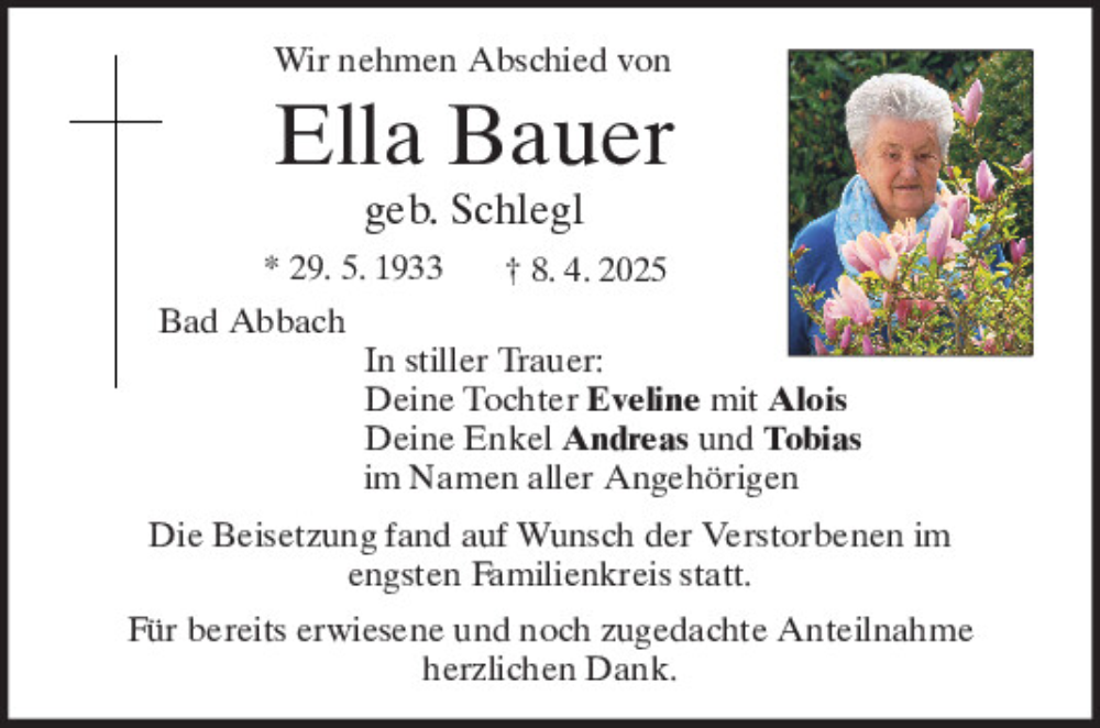Traueranzeigen von Ella Bauer | Mittelbayerische Trauer