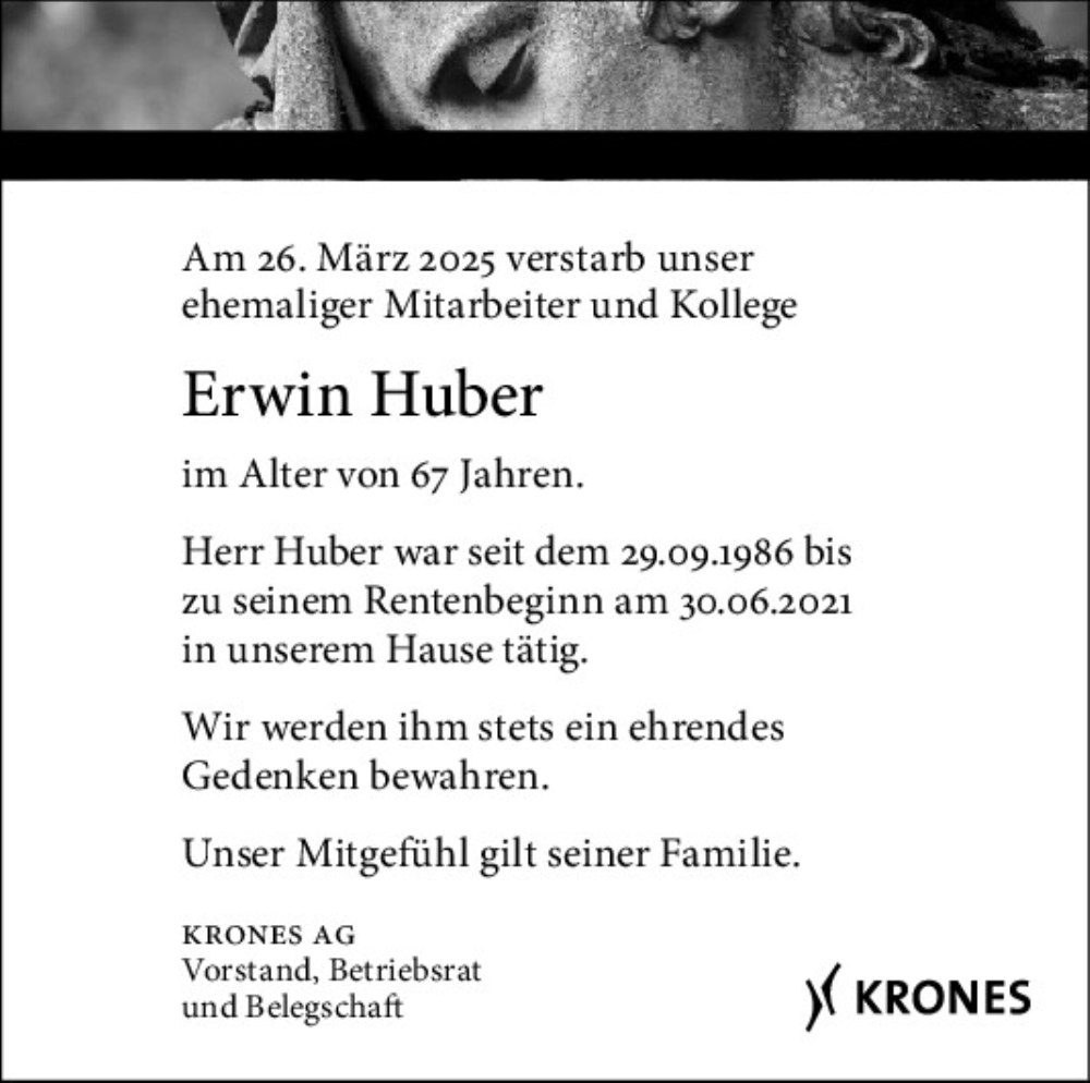 Traueranzeigen von Erwin Huber | Mittelbayerische Trauer