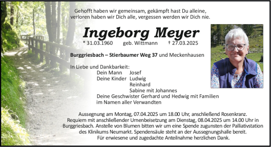 Traueranzeigen von Ingeborg Meyer | Mittelbayerische Trauer