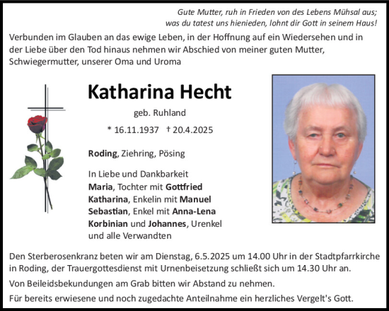 Traueranzeigen von Katharina Hecht | Mittelbayerische Trauer