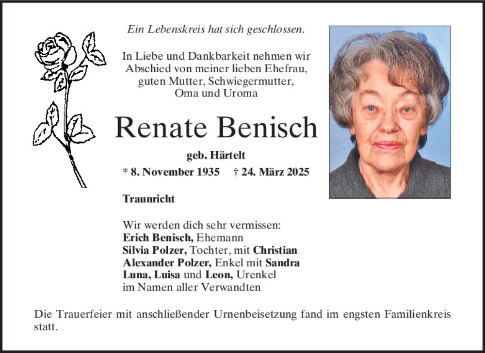 Traueranzeigen von Renate Benisch | Mittelbayerische Trauer