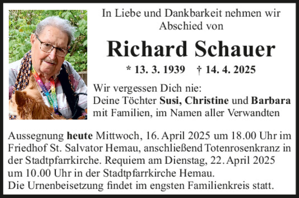 Traueranzeigen von Richard Schauer | Mittelbayerische Trauer