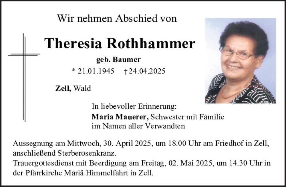 Traueranzeigen von Theresia Rothhammer | Mittelbayerische Trauer