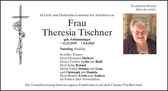 Traueranzeigen von Theresia Tischner | Mittelbayerische Trauer