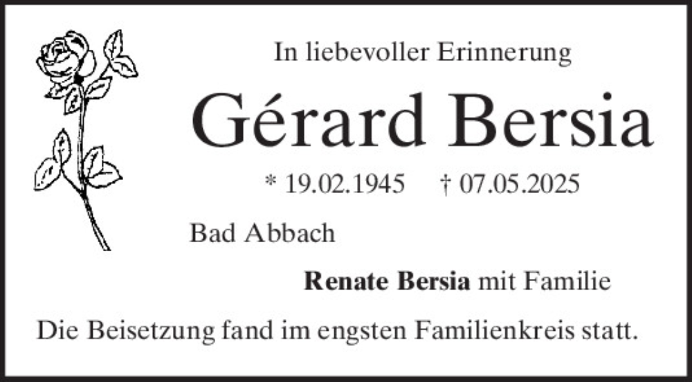 Traueranzeigen von Gérard Bersia | Mittelbayerische Trauer