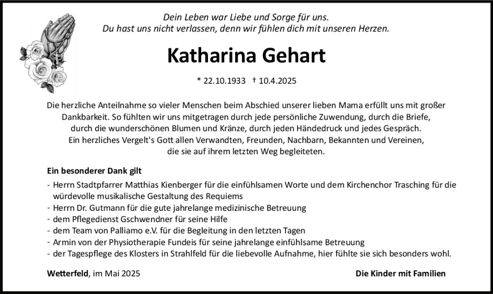 Traueranzeigen von Katharina Gehart | Mittelbayerische Trauer