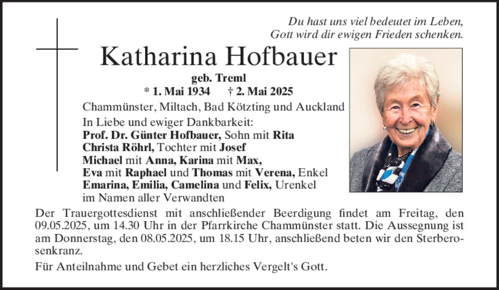 Traueranzeigen von Katharina Hofbauer | Mittelbayerische Trauer