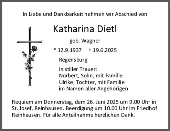 Traueranzeigen von Katharina Dietl | Mittelbayerische Trauer