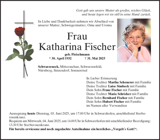 Traueranzeigen von Katharina Fischer | Mittelbayerische Trauer