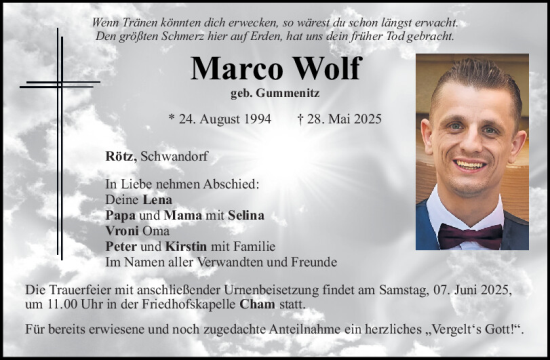 Traueranzeigen von Marco Wolf | Mittelbayerische Trauer