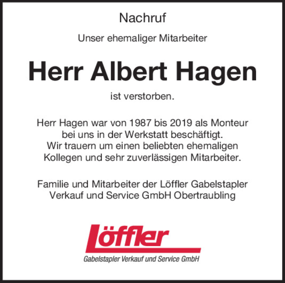 Traueranzeigen von Albert Hagen | Mittelbayerische Trauer