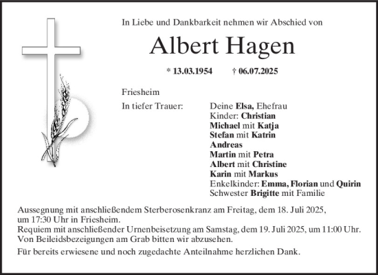 Traueranzeigen von Albert Hagen | Mittelbayerische Trauer
