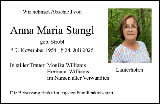 Traueranzeigen von Anna Maria Stangl | Mittelbayerische Trauer